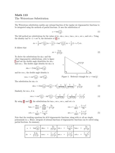 Math 113 The Weierstrass Substitution Pdf Sine Trigonometric