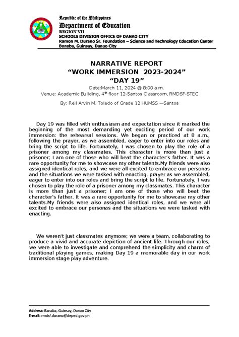 Narrative Format D 19 Narrative Report “work Immersion 2023 2024” “day 1 9 ” Date March 11