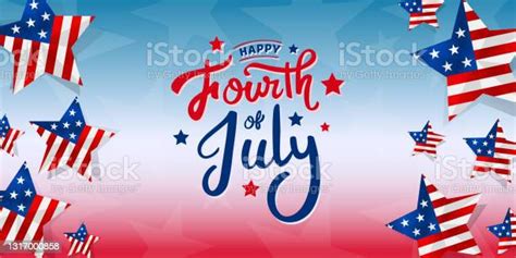 7 월 의 행복 네 번째 트렌디 한 사용자 정의 손 글자 화려한 미국 추상적 배경에 스타 모양 미국 국기 요소와 타이포그래피 디자인 0명에 대한 스톡 벡터 아트 및 기타