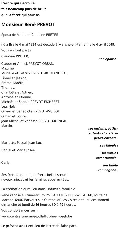 Avis De Décès De René Prevot Décédé Le 04 04 2019 à Aye Annonce Condoléances Fleurs Etc