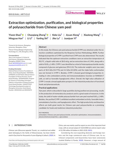 Extraction Optimization Purification And Biological Properties Of Polysaccharide From Chinese