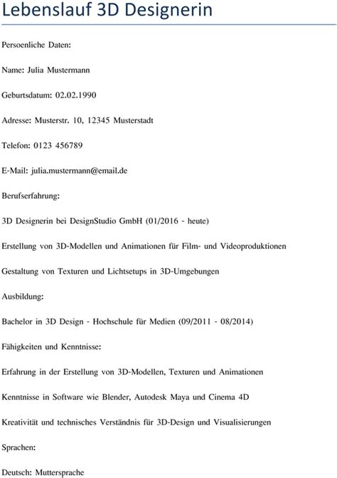 Word Vorlage Lebenslauf Für 3d Designerin