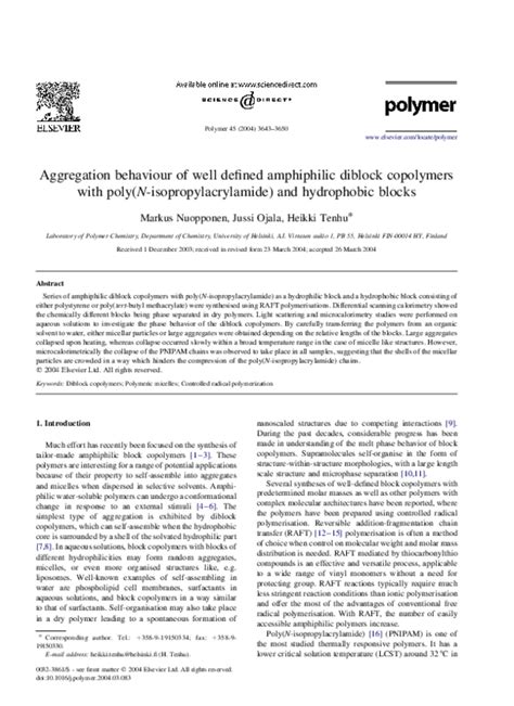 Pdf Aggregation Behaviour Of Well Defined Amphiphilic Diblock Copolymers With Poly N