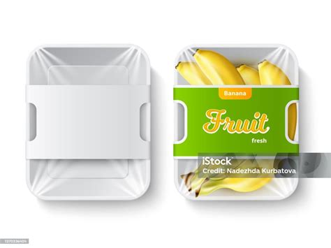제품 트레이 용기 디자인 바나나와 현실적인 플라스틱 식품 상자 과일 수납 팩 탑 뷰 격리 된 사각형 패키지 식료품점 브랜드 라벨이 붙은 포장 벡터 개념 포장에 대한 스톡