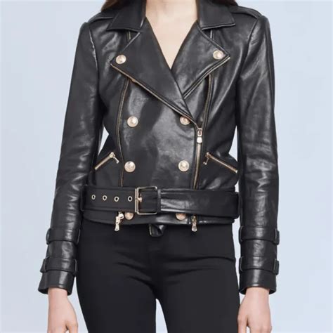 Womens Black Biker Belted Leather Jacket Urban Leather Jackets