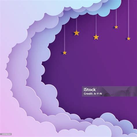 종이 컷 스타일의 밤 하늘 로프 페이퍼 컷 아트에 별과 보라색과 파란색 그라데이션 흐린 풍경3d 배경을 잘라 귀여운 종이 접기 구름입니다 소원 좋은 밤 달콤한 꿈을위한 벡터