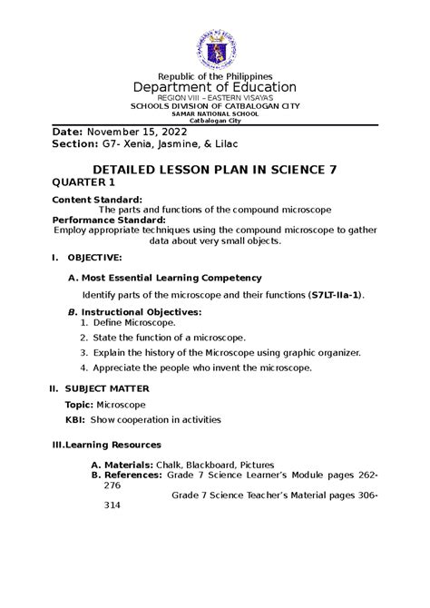 Detailed Lesson Plan About Microscope
