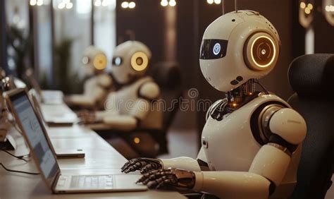 Robots Working At Computers In Modern Office Environment Showcasing