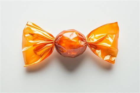 Top View Flat Lay Of A Yellow Shiny Candy Wrapper On White Background