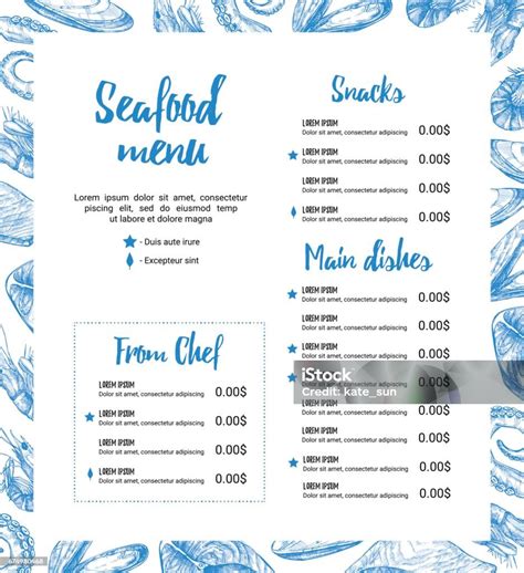 손으로 그린 벡터 일러스트 레이 션해산물 메뉴 스케치 스타일에서 일러스트와 레스토랑 메뉴의 템플릿 안내 책자 전단지 카페 배달 메뉴에 대 한 완벽 한 게에 대한 스톡 벡터
