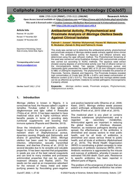Antibacterial Activity Phytochemical And Proximate Analysis Of Moringa