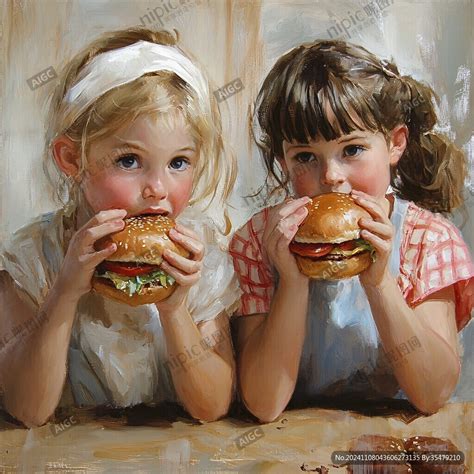 Ai创作图欢乐题材油画 小朋友买汉堡 吃东西的孩童 写实人物绘画 孪生儿之一 超写实油画 高清手绘儿童 儿童方面装饰画 油画小孩 儿童喜爱食物 绘画人物油画 古典写实绘画 写实主义绘画 外国
