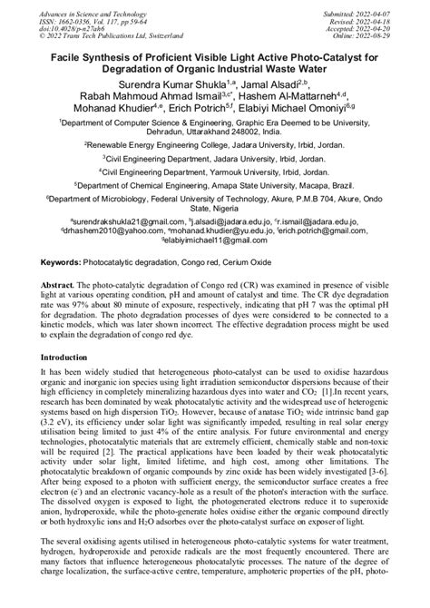 Pdf Facile Synthesis Of Proficient Visible Light Active Photo Catalyst For Degradation Of