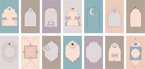 최소한의 선형 스타일의 이슬람 창문과 현대적인 보호 디자인 달 모스크 돔 및 등불이 있는 아치의 컬렉션 미니멀리즘 일러스트레이션 Eid Mubarak에 대한 스톡 벡터 아트
