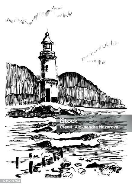 등대가있는 바다 풍경입니다 바다 손으로 그린 스케치 일러스트 어린이 방을위한 조각 포스터 블라디보스토크 근처 바다에서 비콘 러시아 새벽에 대한 스톡 벡터 아트 및 기타