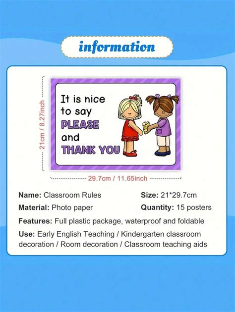15pcs A4 Size Classroom Rules Poster Preschool Class Rules Poster