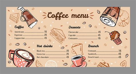 뜨거운 음료 브런치 디저트의 목록과 함께 커피 메뉴 디자인 템플릿 벡터 윤곽선 빈티지 손으로 그려진된 그림 가리기에 대한 스톡