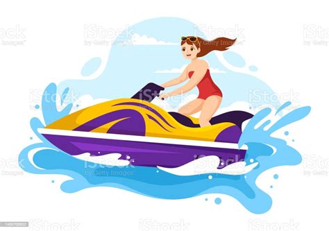 사람들은 제트 스키 그림 여름 휴가 레크리에이션 익스트림 수상 스포츠 및 리조트 해변 활동을 손으로 그린 평면 만화 템플릿을 타고 수상 모터사이클에 대한 스톡 벡터 아트 및