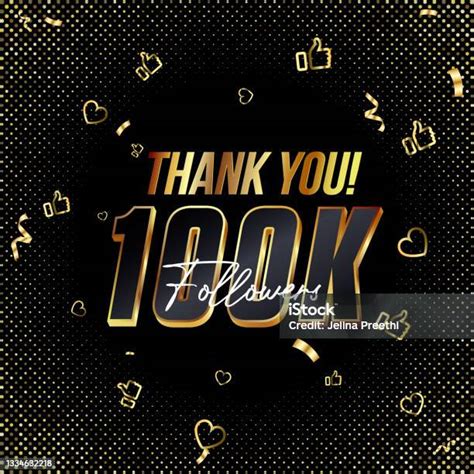 감사합니다 100k 추종자 3d 골드와 블랙 글꼴과 색종이 소셜 미디어 100000 또는 백만 팔로워에 대한 벡터 일러스트 3d