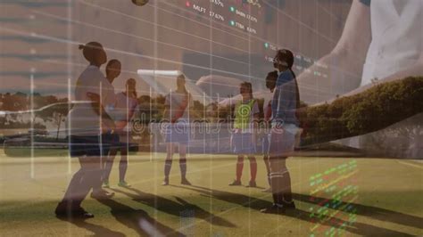 Soccer Players On Field With Financial Data Processing Animation Over Them Stock Footage Video