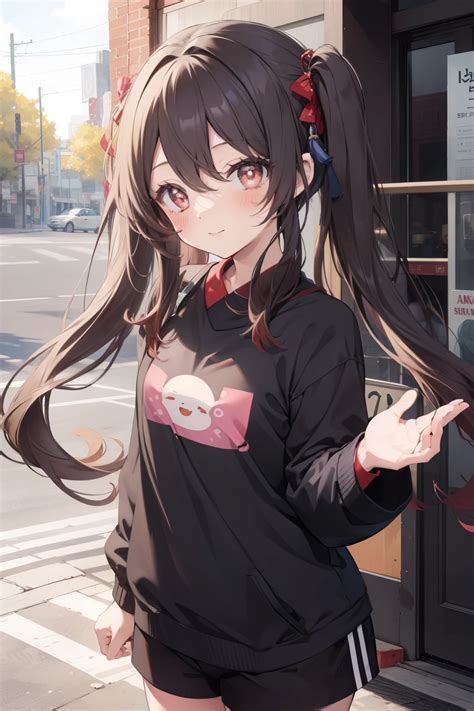 긴 머리와 검은색 셔츠를 입은 애니메이션 소녀가 길모퉁이에 서 있다 Seaart Ai