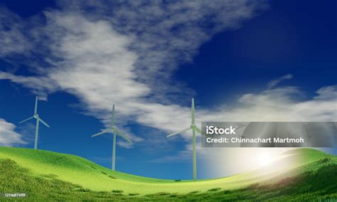풍차와 푸른 하늘 흰색 구름 배경입니다 풍력 발전 단지의 풍력 터빈은 초원 나무가있는 야외에서 전기 에너지를 생성합니다 여름