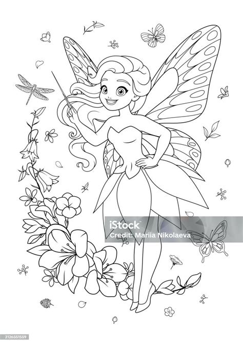 꽃으로 둘러싸인 마술 지팡이를 가진 귀여운 비행 요정 벡터 색칠 공부 페이지 컬러링 북 페이지 일러스트레이션 기법에 대한 스톡 벡터 아트 및 기타 이미지 컬러링 북