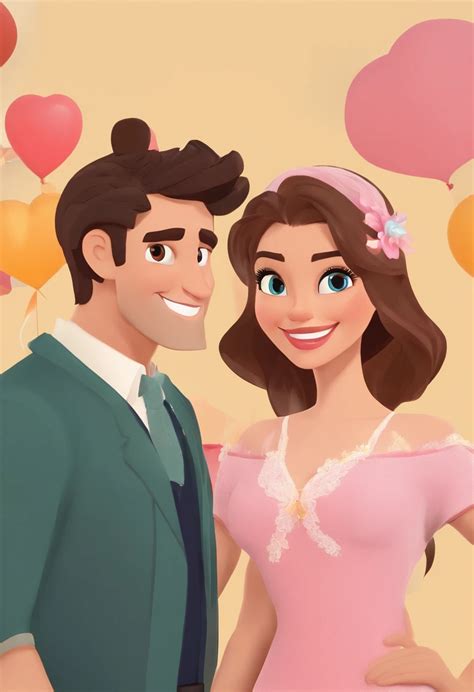 사랑스러운 커플의 일러스트 금발 남자의 하이라이트 델가도 파란 눈 미소 짓고 아름다운 눈을 가진 갈색 머리의 여자 남자의 피부는 가볍고 남자의 머리카락도 밝습니다