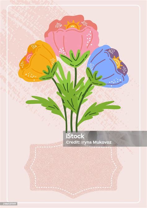 질감 있는 배경에 분홍색 노란색 파란색 꽃과 녹색 잎이 있는 꽃다발이 특징인 꽃 카드로 개인 텍스트를 위한 장식 레이블이 있습니다 벡터 일러스트 레이 션 개화기에 대한 스톡