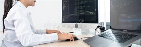 Asian Woman Programmer Typing Source Codes Programming On Computer In Office Freelance Web