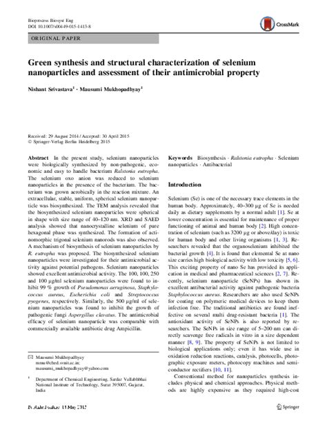 Pdf Green Synthesis And Structural Characterization Of Selenium Nanoparticles And Assessment