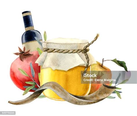 꿀 항아리 석류 열매와 나뭇잎 사과 쇼파르 뿔 레드 와인 병 수채화 그림이 있는 행복한 로쉬 하샤나 인사말 카드 템플릿 쇼파에