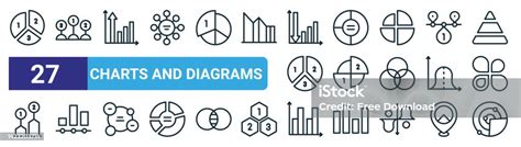 원형 차트 단계 막대 차트 다이어그램 파이 차트 웹 디자인 모바일 응용 프로그램을위한 막대 레이더 벡터 얇은 선 아이콘과 같은 27 개의 개요 웹 차트 및 다이어그램 아이콘