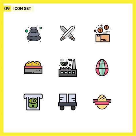 Filledline Flat Color Pack Of 9 Universal Symbols Of Plant Bush Weapon Botanical Package