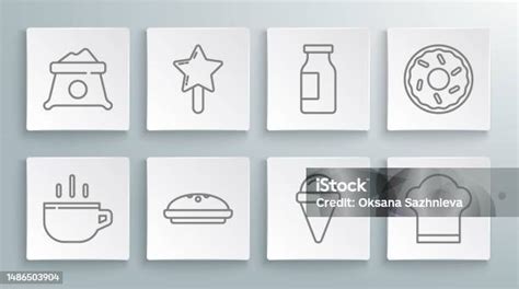 세트 라인 커피 컵 롤리팝 수제 파이 와플 콘에 아이스크림 요리사 모자 우유 병 도넛 및 가방 밀가루 아이콘 벡터 0명에 대한 스톡 벡터 아트 및 기타 이미지 Istock
