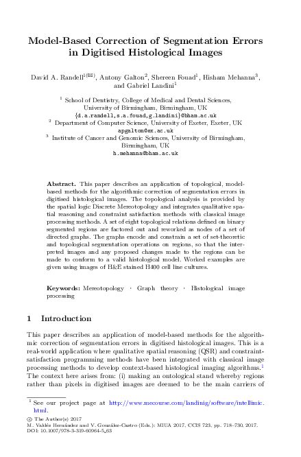 Pdf Model Based Correction Of Segmentation Errors In Digitised Histological Images