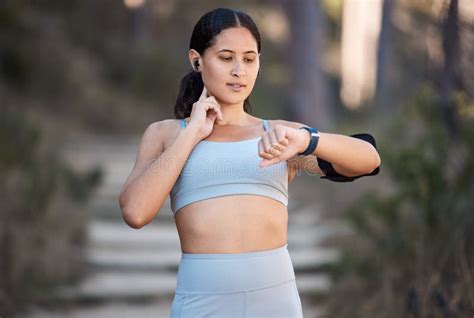 Fitness Exercise And Woman With Smartwatch To Check Pulse Progress And Performance While