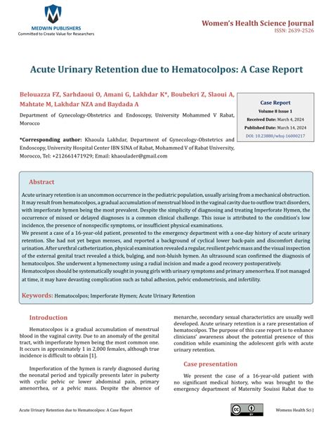 Pdf Acute Urinary Retention Due To Hematocolpos A Case Report
