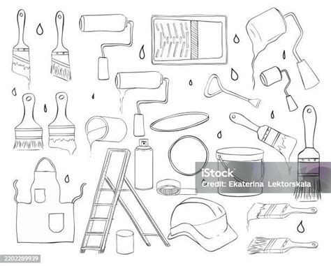 페인터 도구 세트 벡터 그래픽 라인 잉크 그림 세트 격리 된 악기 기호 컬렉션 페인트 깡통 따개 색깔 깡통 앞치마 양동이 깡통 솔 롤러 페인트 트레이 마스킹 테이프 사다리