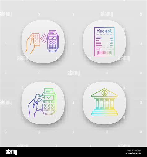 Nfc Payment App Icons Set Pos Terminal Cash Receipt Pay With Smartphone Online Banking Ui