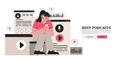 여성은 모바일 응용 프로그램에서 온라인 비디오를 표시하거나 볼 수 있습니다 헤드폰을 가진 여성 캐릭터는 블로거 또는 동영상 블로거 교육 과정 또는 프로그램을 듣습니다 음악에