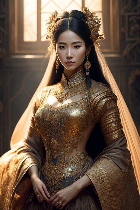 场景打开一个令人惊叹的中国女人穿着错综复杂的刺绣飘逸的汉服长裙优雅地漂浮在古代中国的云层之上这件礼服是一件中式杰作丝缎漩涡像一个旋转的