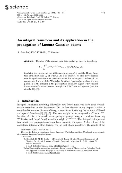 Pdf An Integral Transform And Its Application In The Propagation Of Lorentz Gaussian Beams