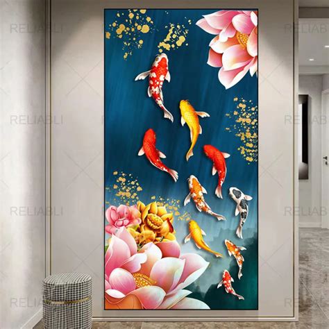 Koi Moden Ikan Carp Lotus Pond Lukisan Kanvas Haiwan Abstrak Poster Dan