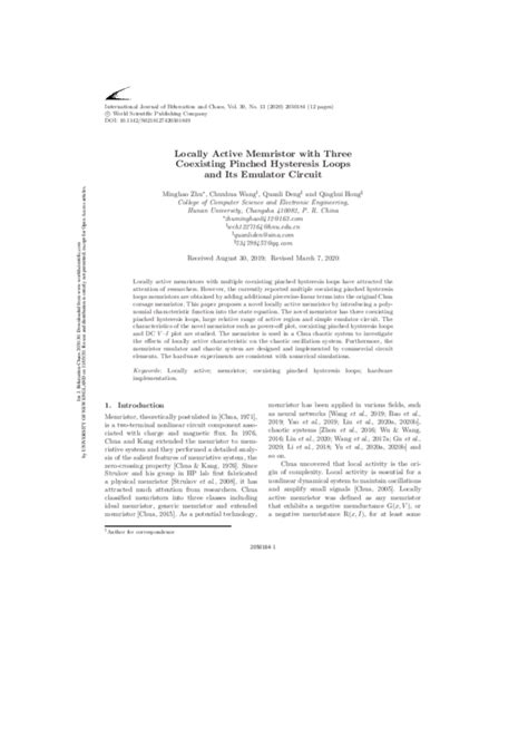 Pdf Locally Active Memristor With Three Coexisting Pinched Hysteresis Loops And Its Emulator