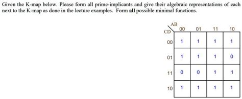 Solved Given The K Map Below Please Form All Prime Implicants And Give Their Algebraic