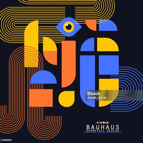 바우 하우스 스타일의 플라이 저널 매거진 앨범은 추상적인 기하학적 2d 모양과 눈으로 커버합니다 간단한 다채로운 형태의 세트와 배너 템플릿 검은 배경에 벡터 카드