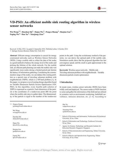 Vd Pso An Efficient Mobile Sink Routing Algorithm In Wireless Sensor