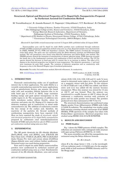 Pdf Structural Optical And Electrical Properties Of Ce Doped Sno2 Nanoparticles Prepared By