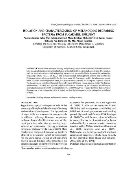 Pdf Isolation And Characterization Of Melanoidins Degrading Bacteria From Sugar Mill Effluent
